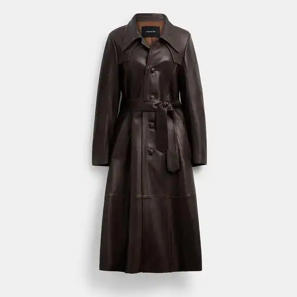 Coach Single Breasted Leather Trench Coat In Dark Brown - 60% Off